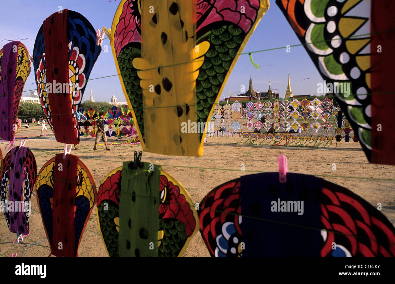 Thailand, Bangkok, April kite festival on Sanam Luang Square, with Wat ...
