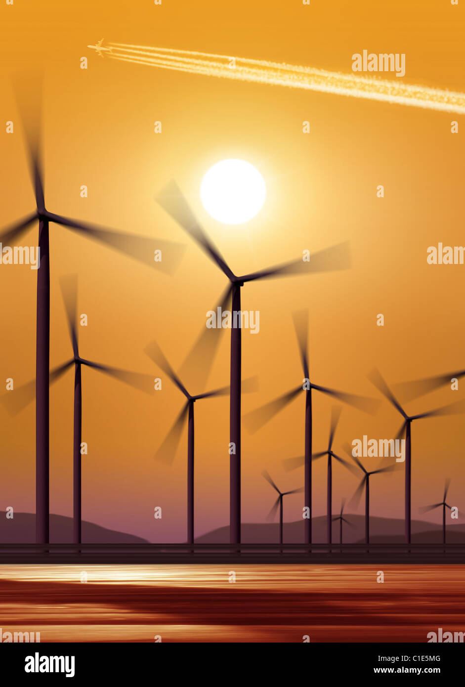 silhouette of wind turbines generating electricity on sunset background ...