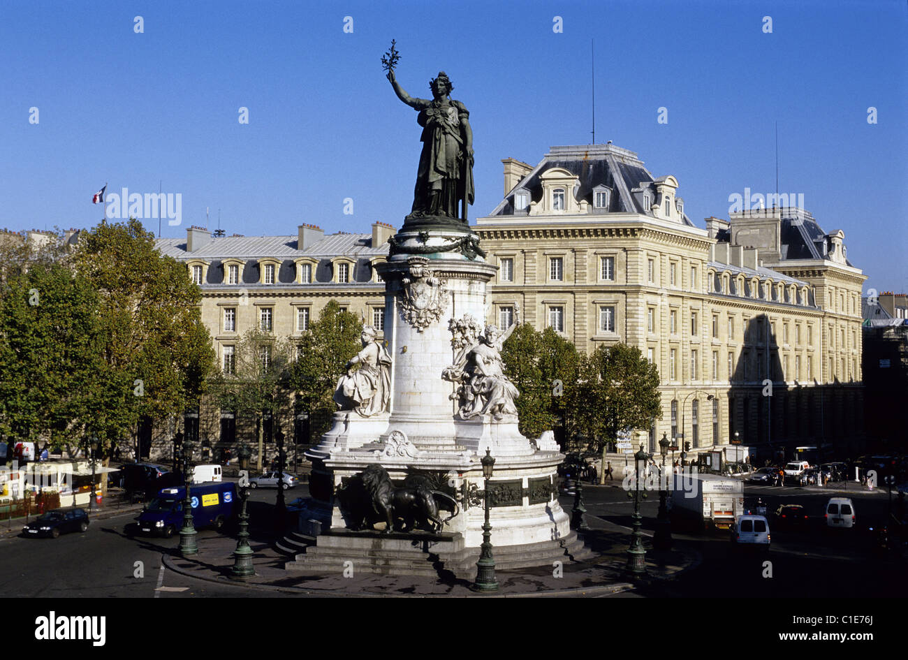 France, Paris, Republique square and the monument of the Republique ...