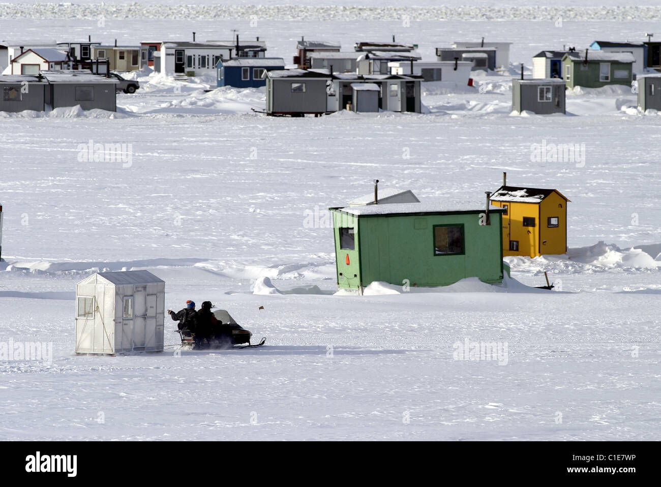 Canada, Quebec Province, Ice Fishing, transportation of a hut with a ...