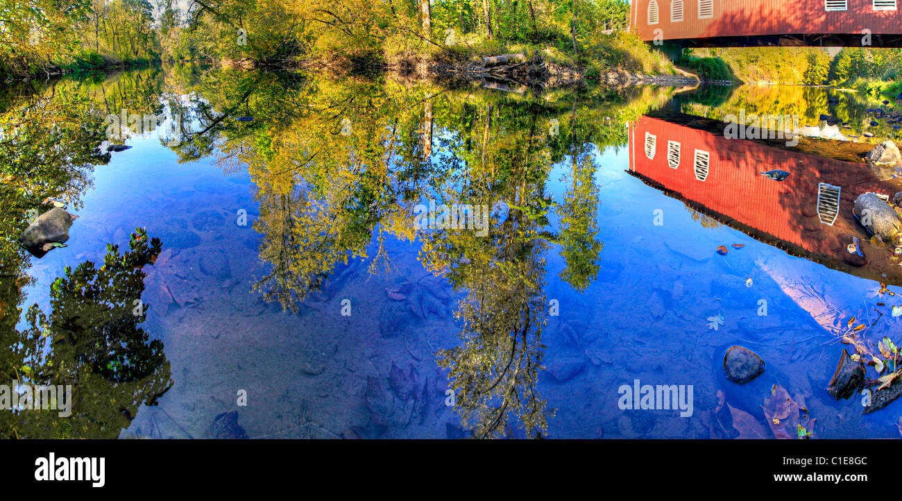 Shimanek Red Covered Bridge over Thomas Creek Oregon Reflection Stock ...