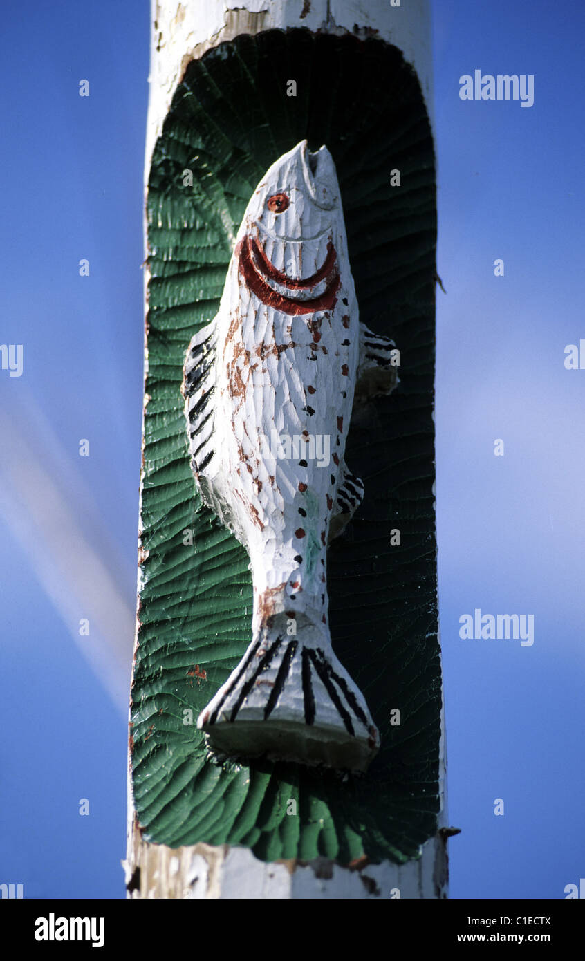 Canada, Quebec Province, Gaspesie, painted fish of a totem of the ...