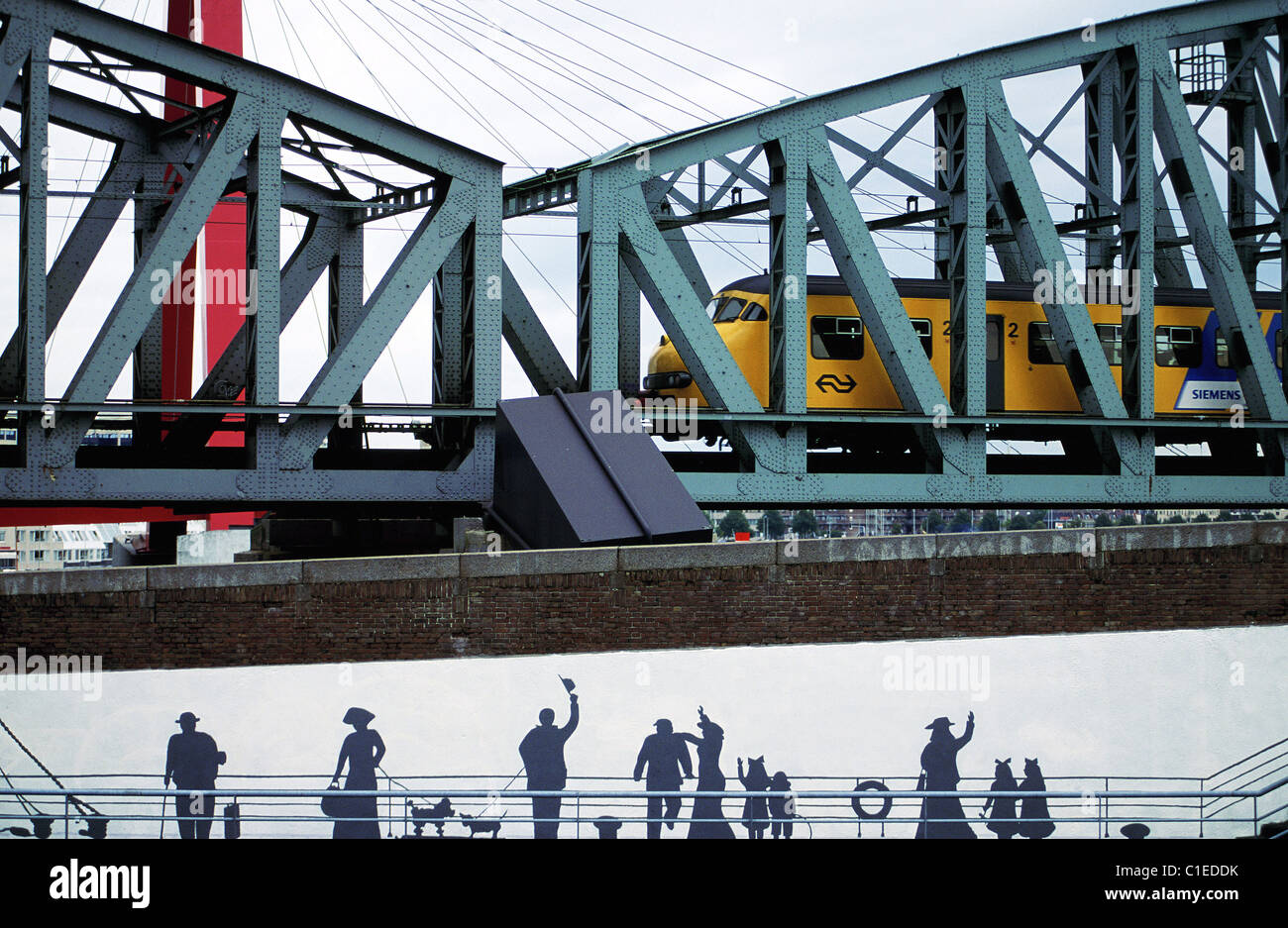 Netherlands, Southern Holland Province, Rotterdam, trains bridge and ...