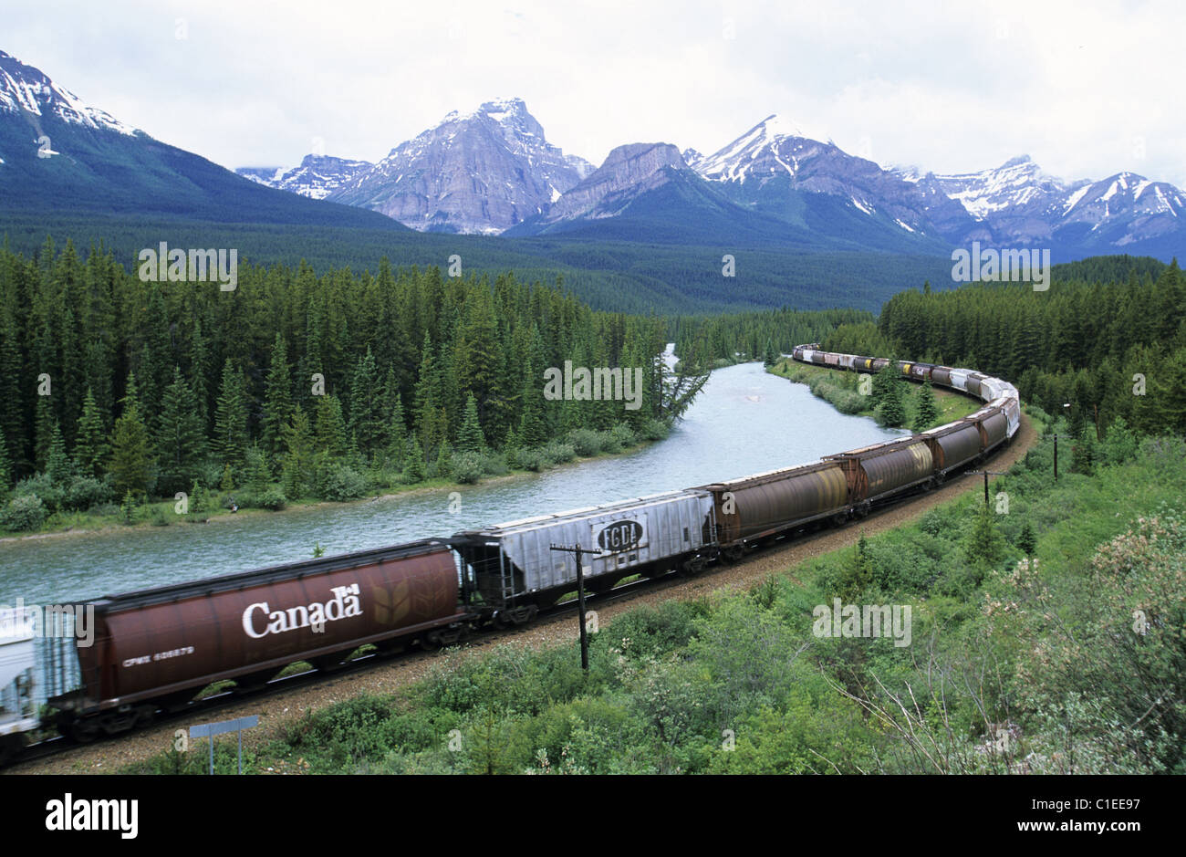 Canada, Alberta, the Rockies, Banff National Park, goods train at ...