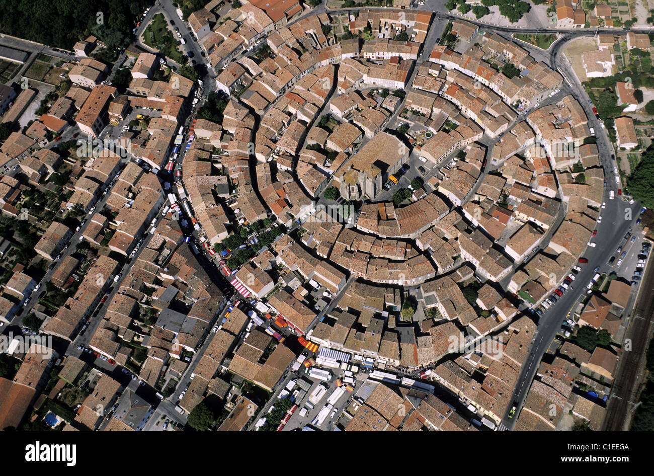 France, Aude, cathar village of Bram built in concentric circles around ...