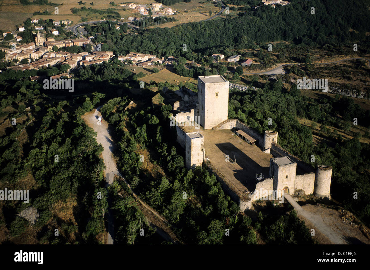 France, Aude, Chateau de Puivert, 12th century Cathar castle (aerial ...