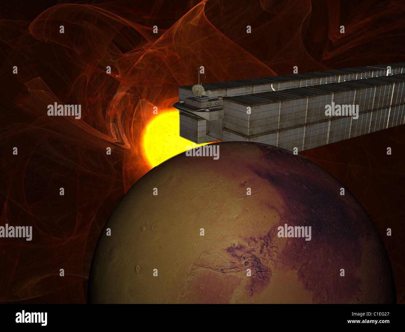 Garbage ship in Sun system over mars Stock Photo - Alamy