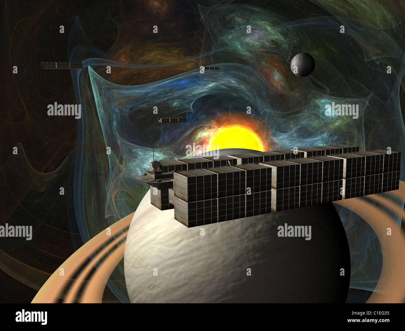 Garbage ship in Sun system over Saturn Stock Photo - Alamy