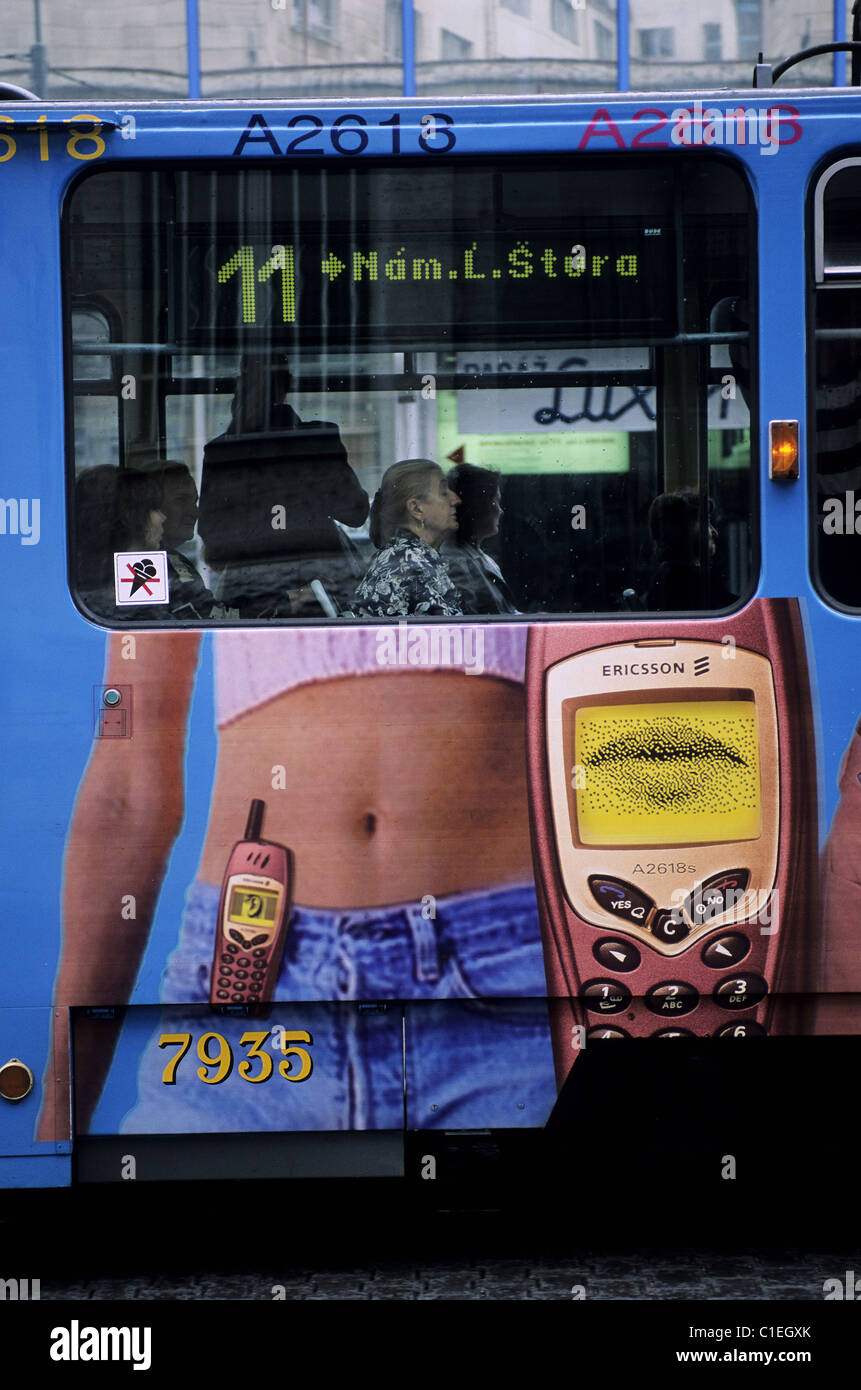 Slovakia, Bratislava, advertising for a mobile telephone on a tram ...