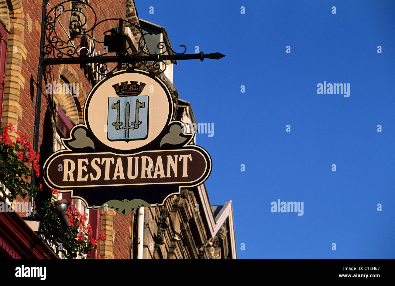 France, North, Mounts of Flanders, restaurant with Cassel at the top of ...