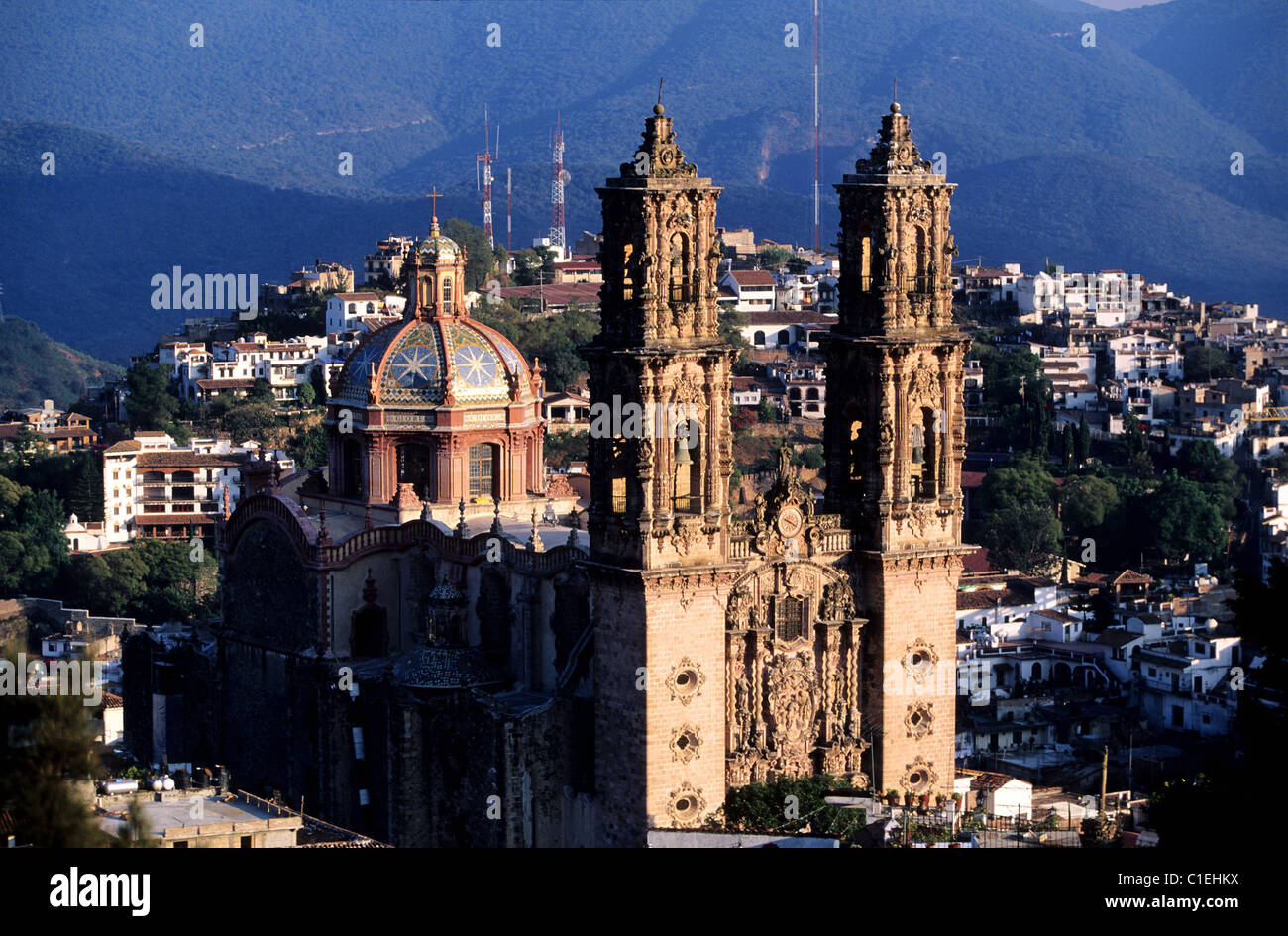 Mexico, Guerrero State, Taxco and the colonial church of Santa Prisca ...