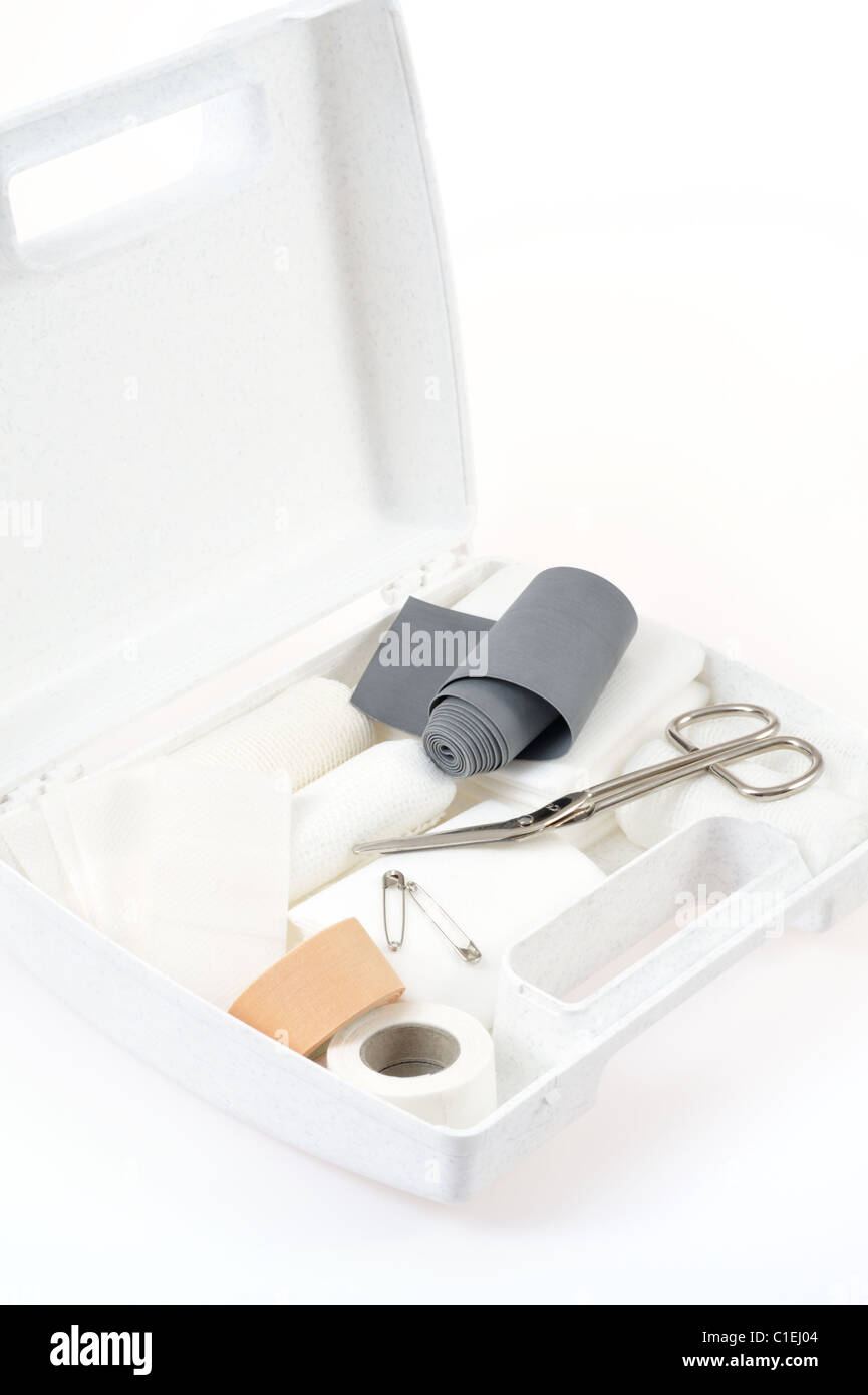 Detail of open first aid kit isolated on white background - emergency ...