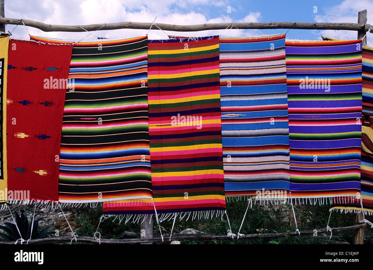 Mexico, Quintana Roo State, Riviera Maya, fabric with Mayan patterns ...