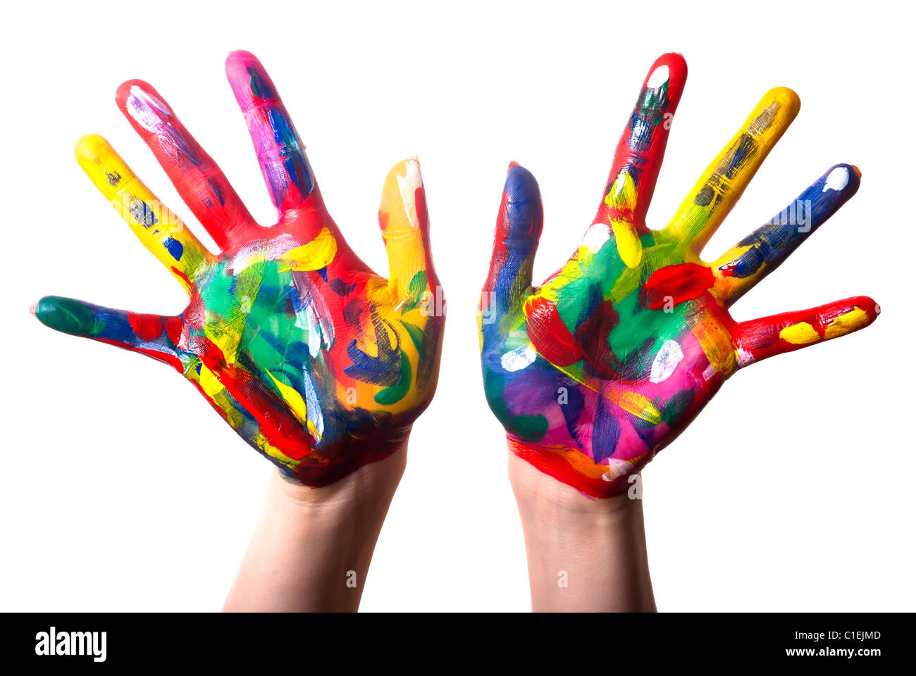 two painted colorful hands against white background Stock Photo - Alamy