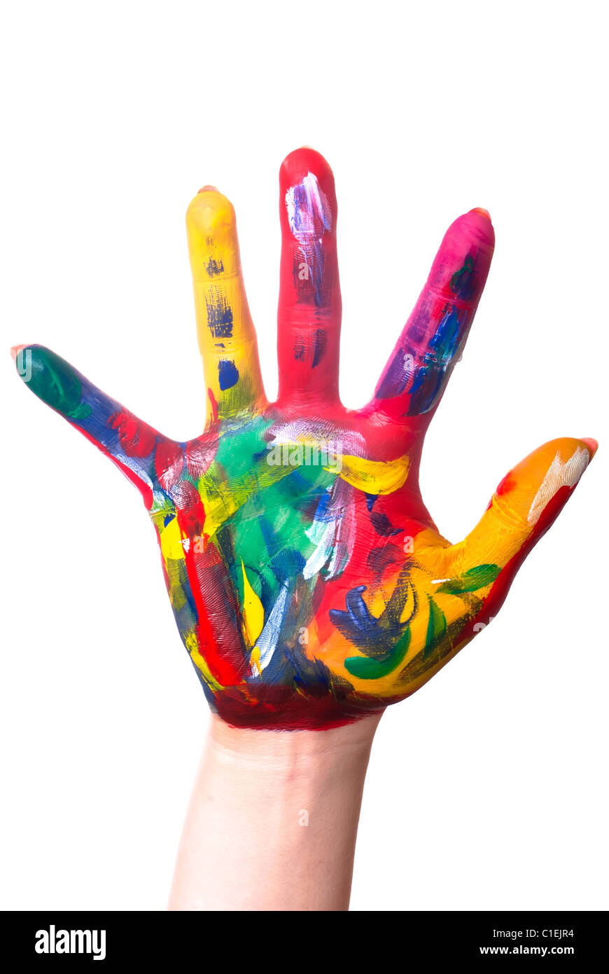 a painted colorful hand upright before a white background Stock Photo ...