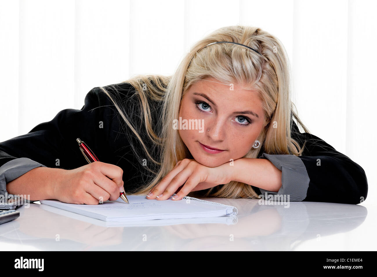 Woman With Paper Sheet And Pen Writing A Letter Stock Photo Alamy