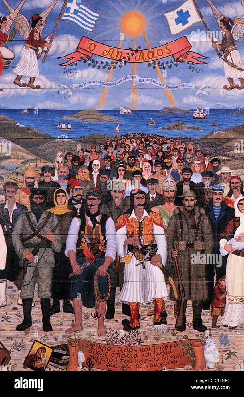 Greece, painting on wood called The Holy People by Themis Tsironis ...
