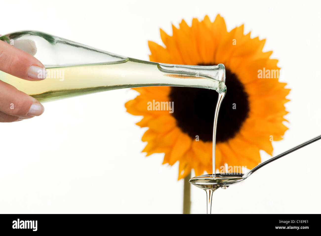 Light cooking oil from sunflower seeds with flower Stock Photo - Alamy