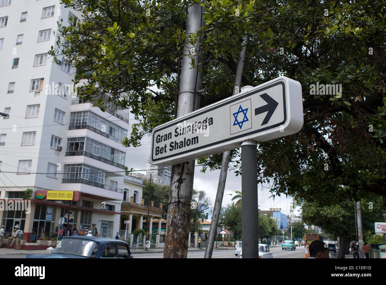 Sign pointing to the only synagogue in Havana, Cuba. © Craig M ...