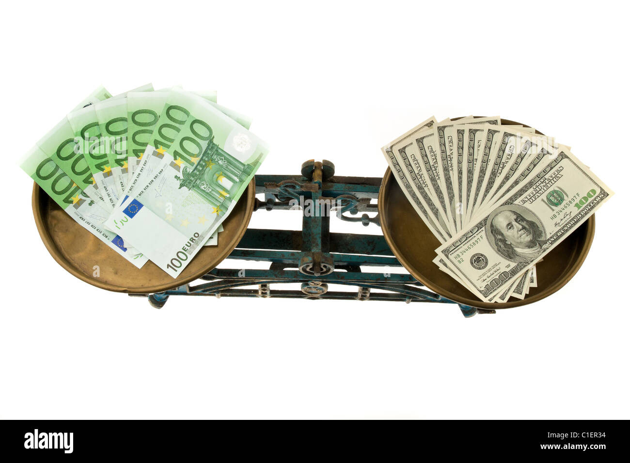Dollars and Euros on scale. Differences in currencies Stock Photo - Alamy