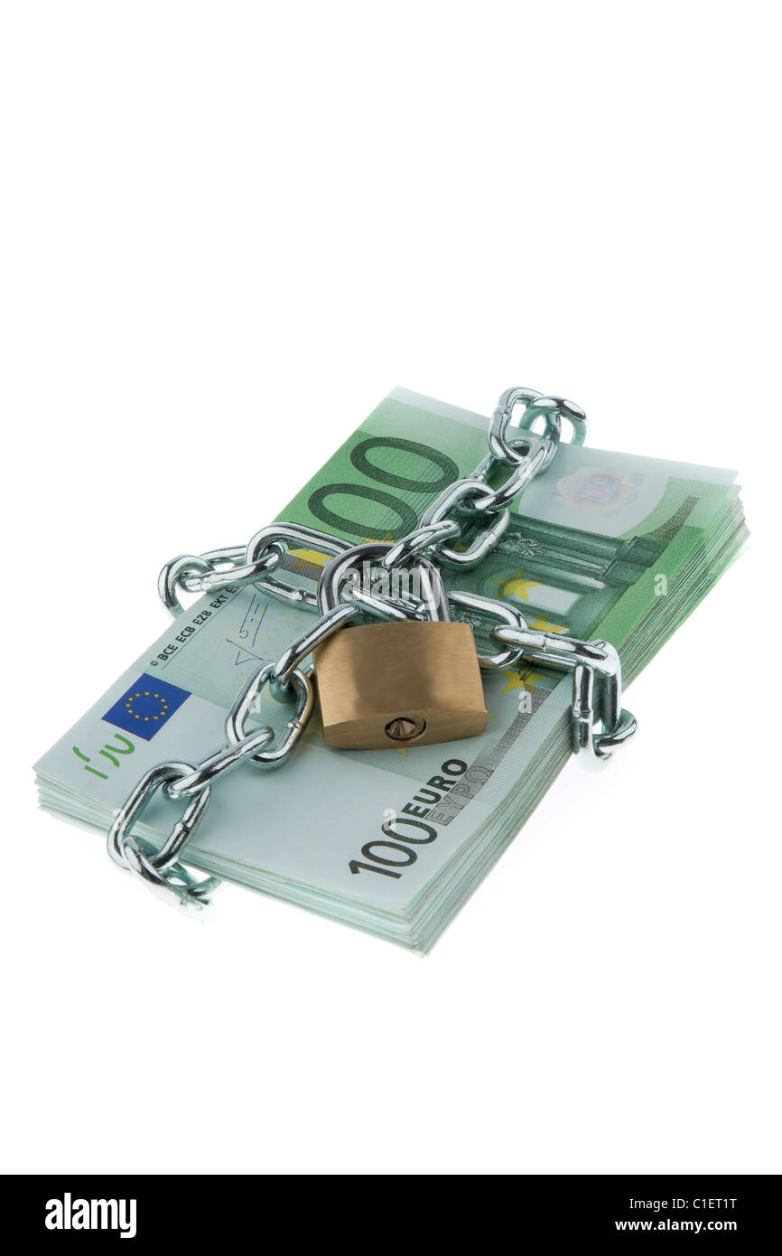 Euro notes with lock and chain. Stacks of money for safety and ...