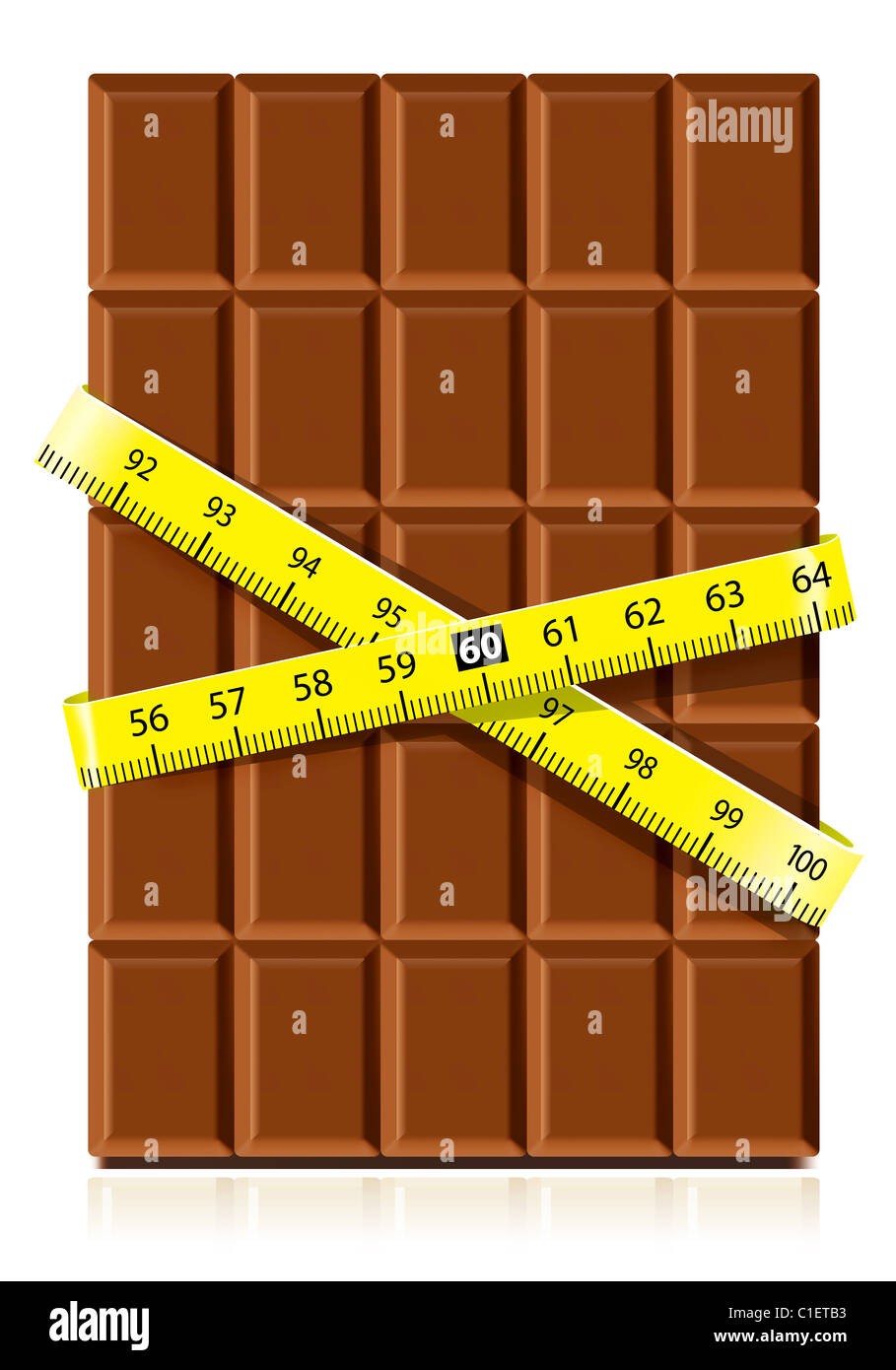 Realistic chocolate with measure tape on white background. Diet concept ...