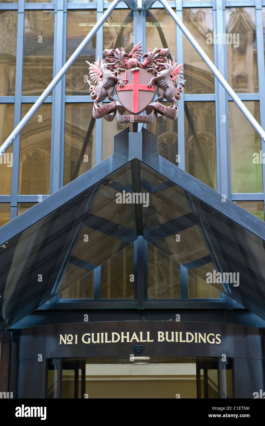 City of London , No 1 Guildhall Buildings , entrance with coat of arms ...