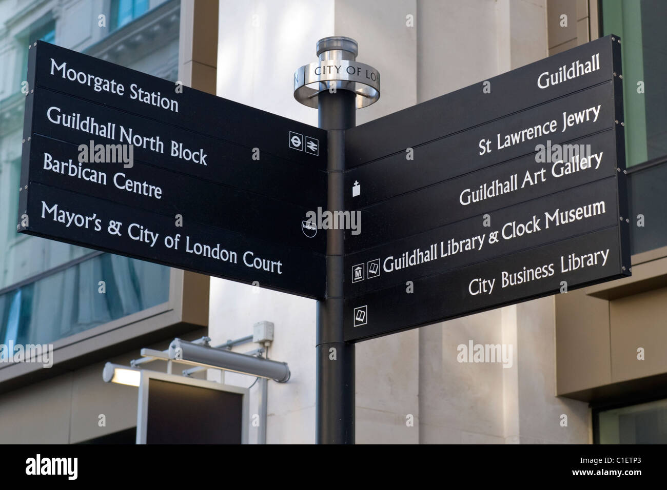 City of London , typical signpost by Guildhall showing local ...