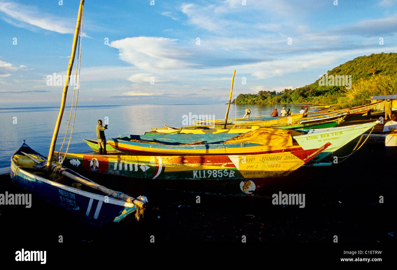 Kenya, Lake Victoria, Mfangano Island, small fishermen village, dugouts ...