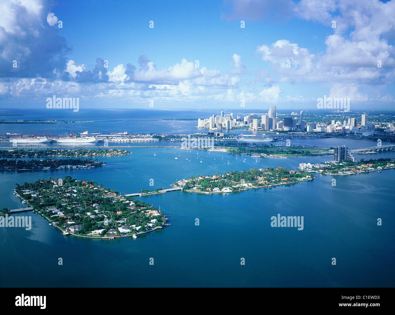 United States, Florida, Miami, the cruise boats quay at back, aerial ...