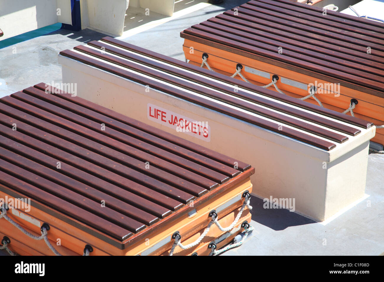Life jacket box and life rafts doubling as seating on Isles of Scilly ...