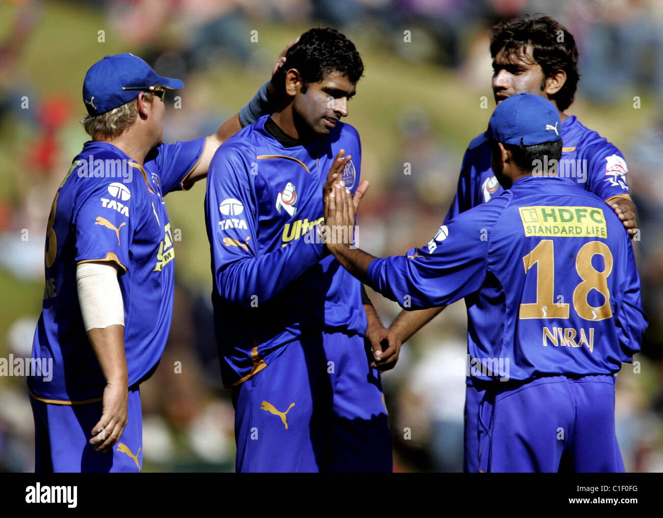 Rajesthan Royal bowler Amit Singh celebrates with team mates Vinay ...