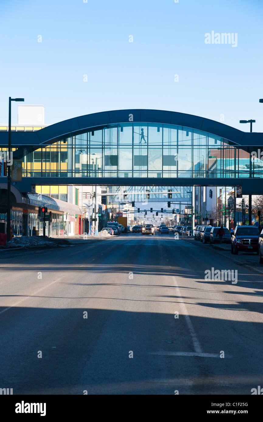 A SKYWAY CROSSES OVER 4TH AVE, DOWNTOWN ANCHORAGE, ALASKA Stock Photo ...
