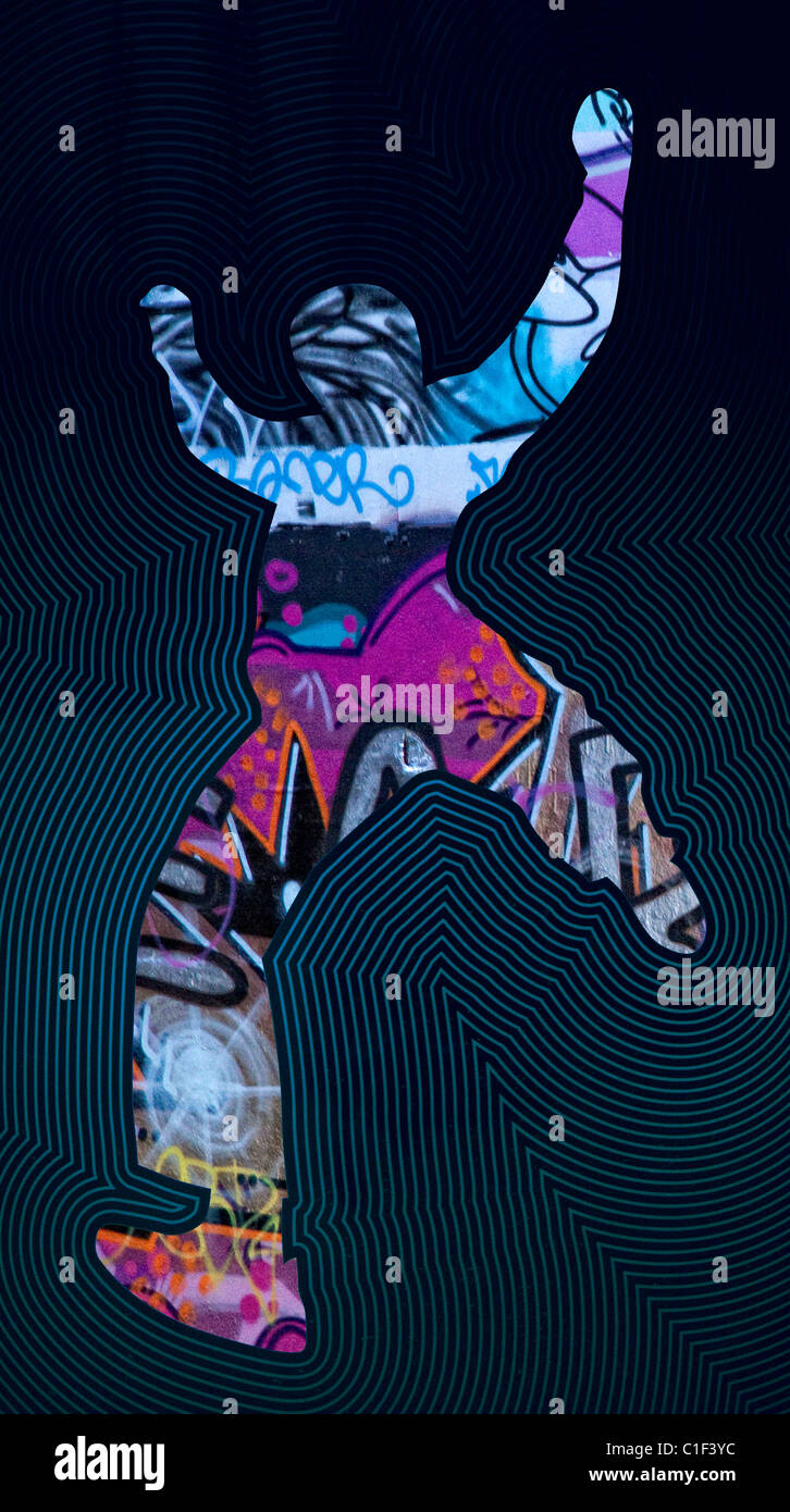 Outline shape of a person running with graffiti infill Stock Photo - Alamy