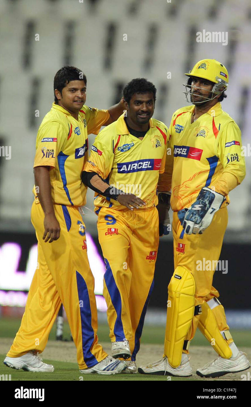 Chennai Super Kings Suresh Raina, Muttiah Muralitharan and MS Dhoni ...