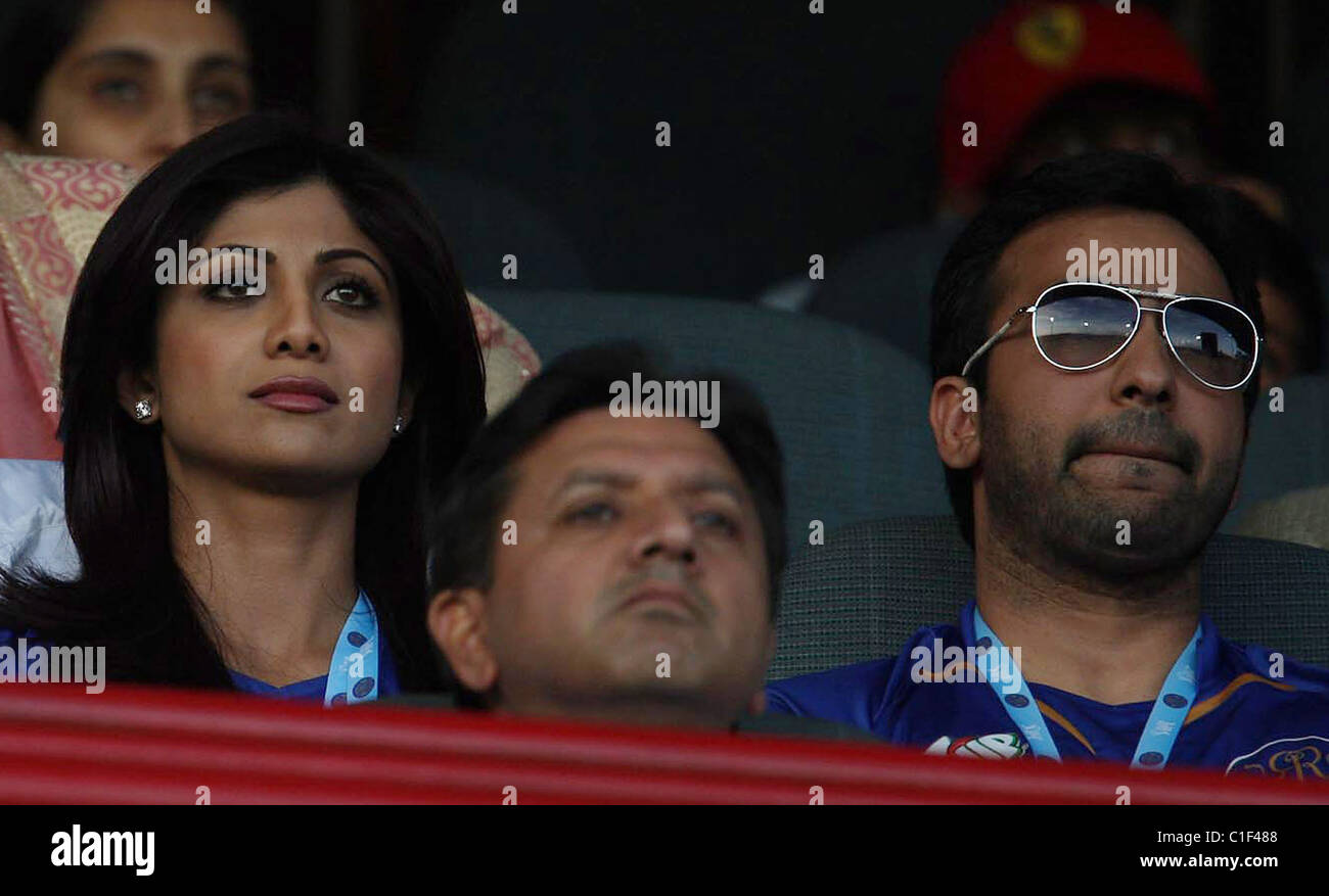 Rajasthan Royals player Raj Kundra and actress Shilpa Shetty watch the ...