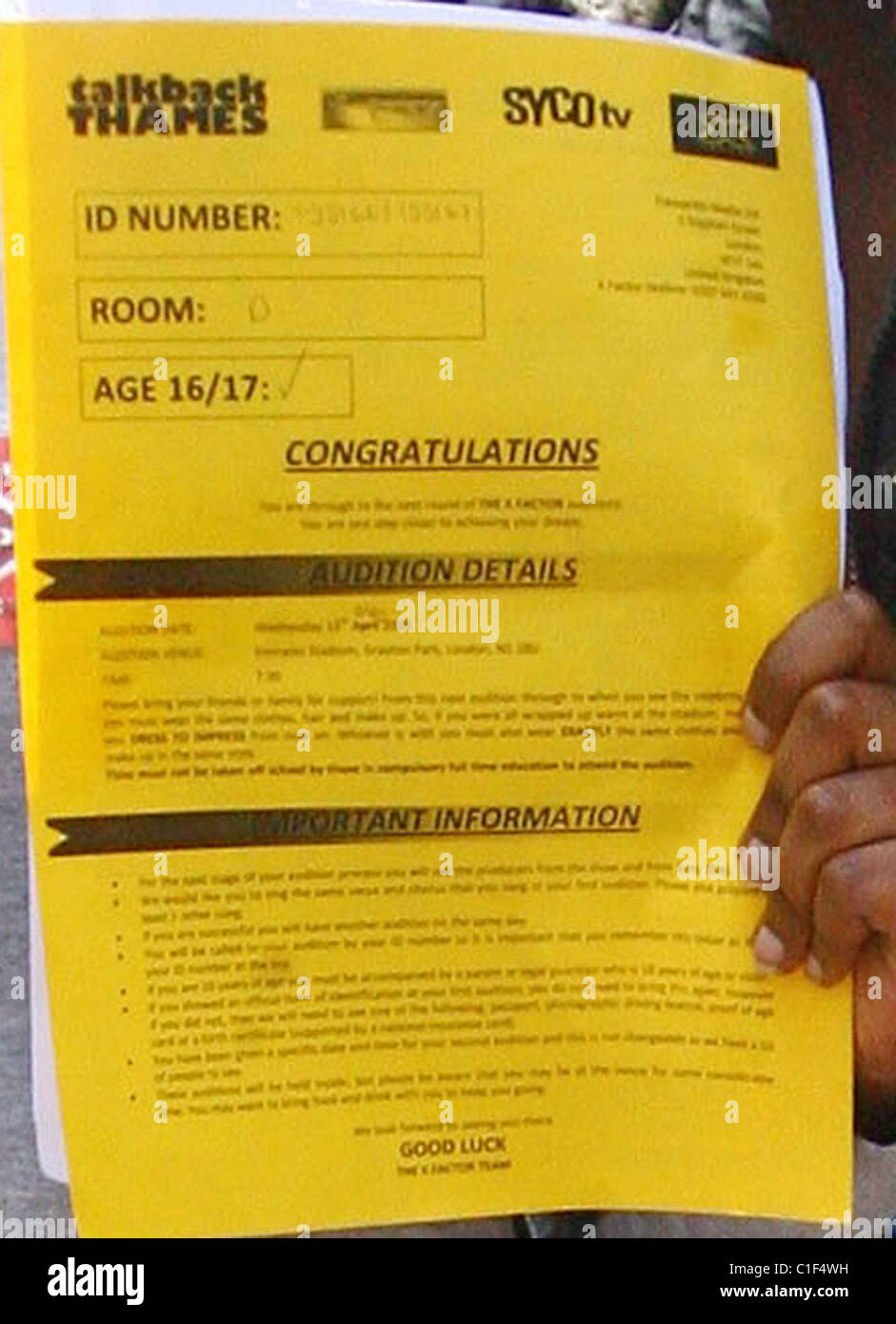 X Factor hopefuls holding a yellow form outside the O2 Arena to ...