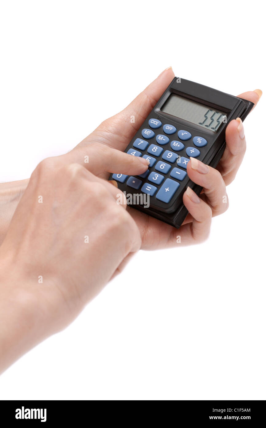 Calculator in feminine hand insulated on white background Stock Photo ...