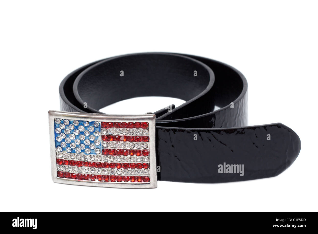 Black leather glossy belt with buckle in the manner of american flag ...