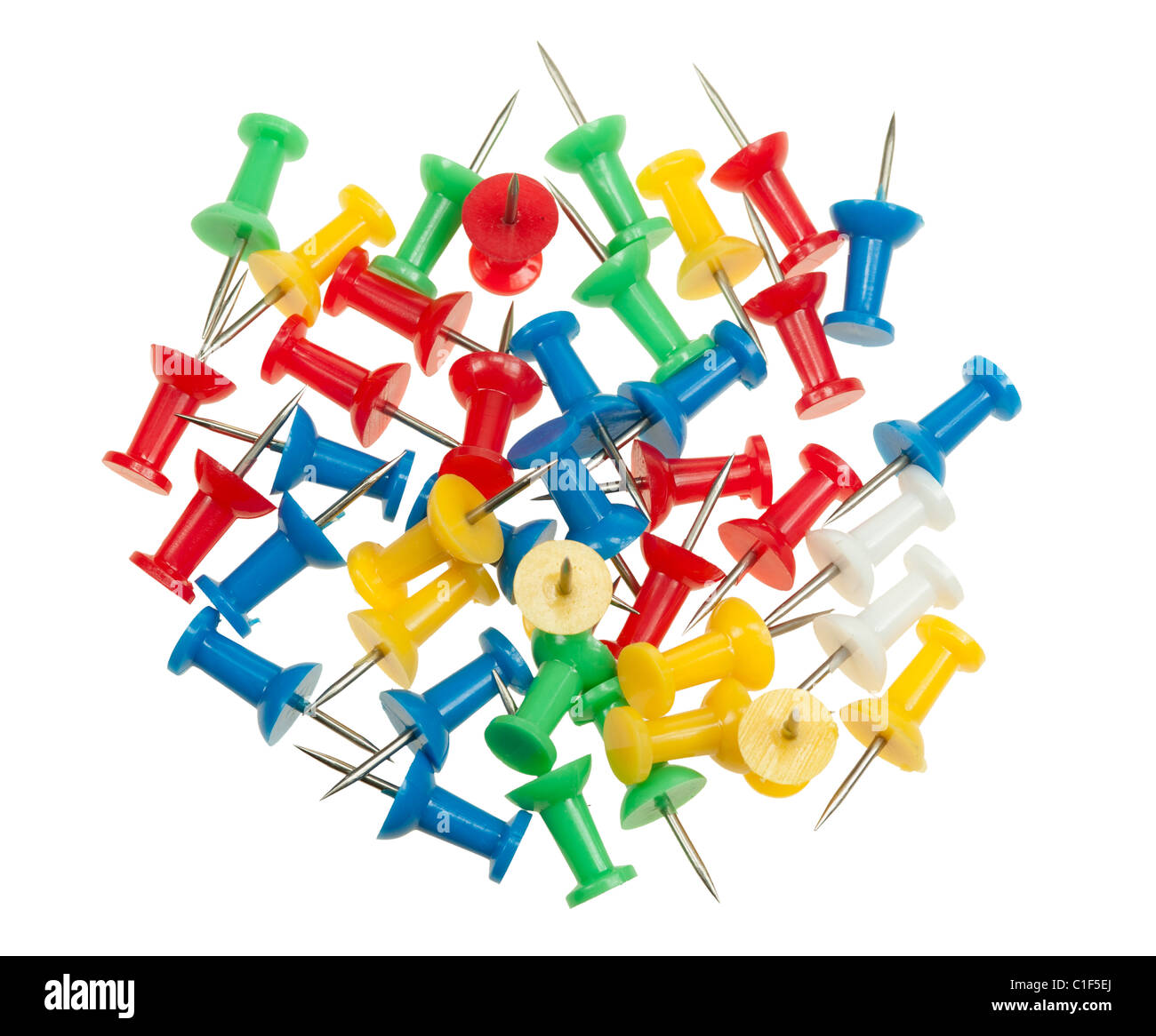 lots of pushpins in different colors isolated on a white background ...