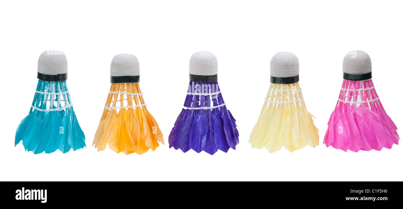 shuttlecocks in five different colors isolated on a white background ...