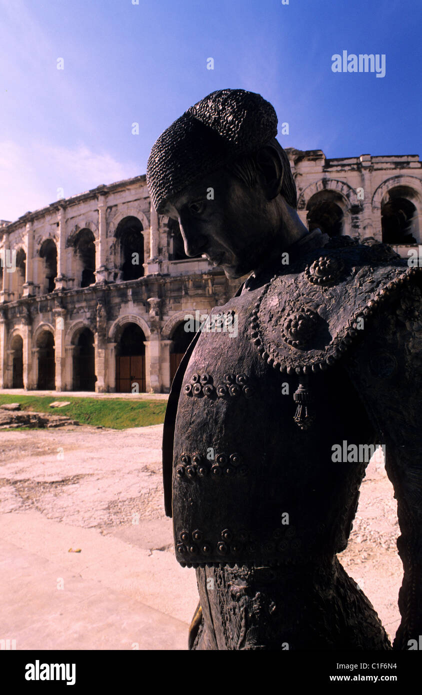 France, Gard, Nimes, Place des arenes, Nimeno II torero statue by ...