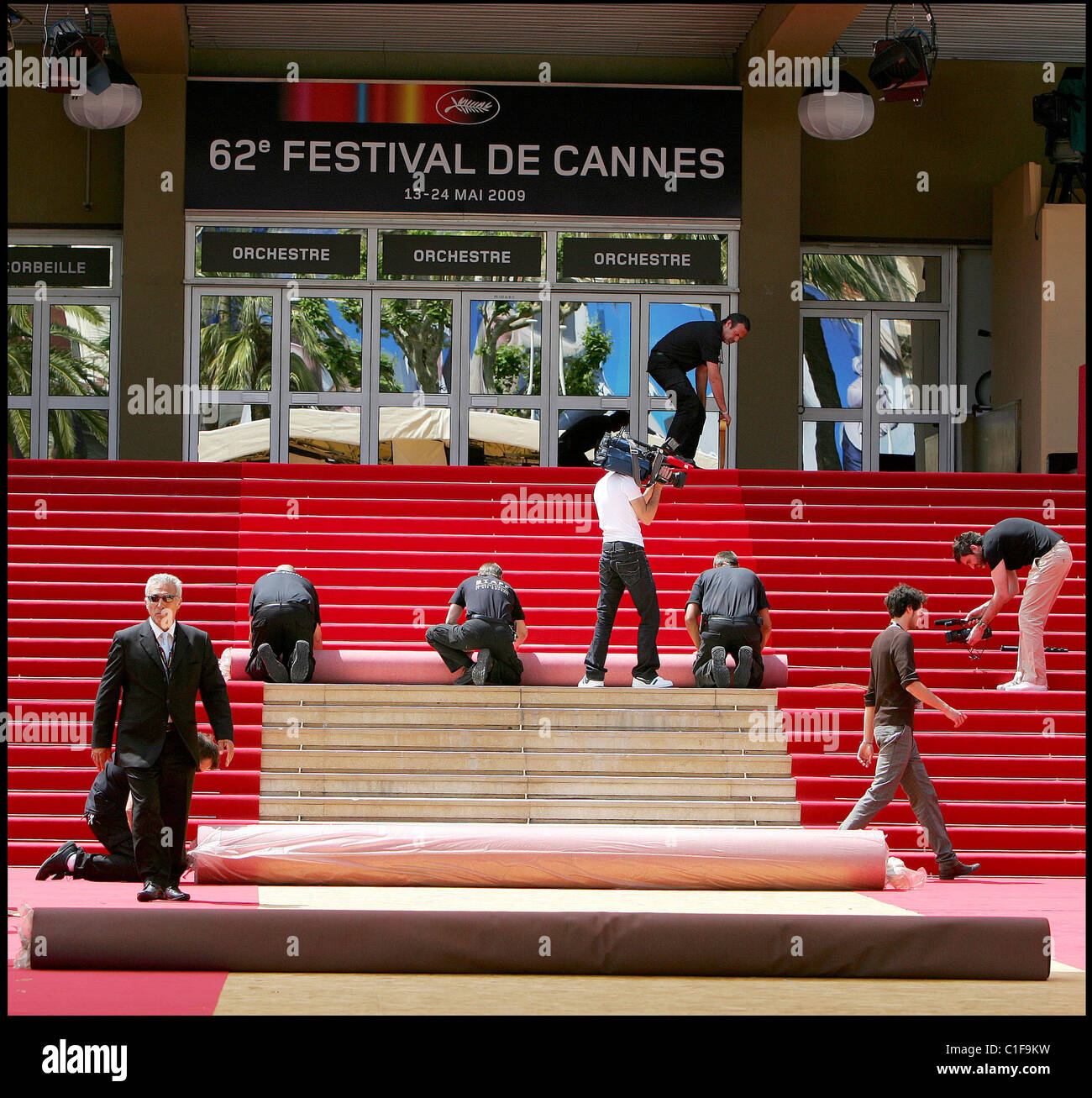 Preparations in front of the Cannes' film festival palace prior to the ...
