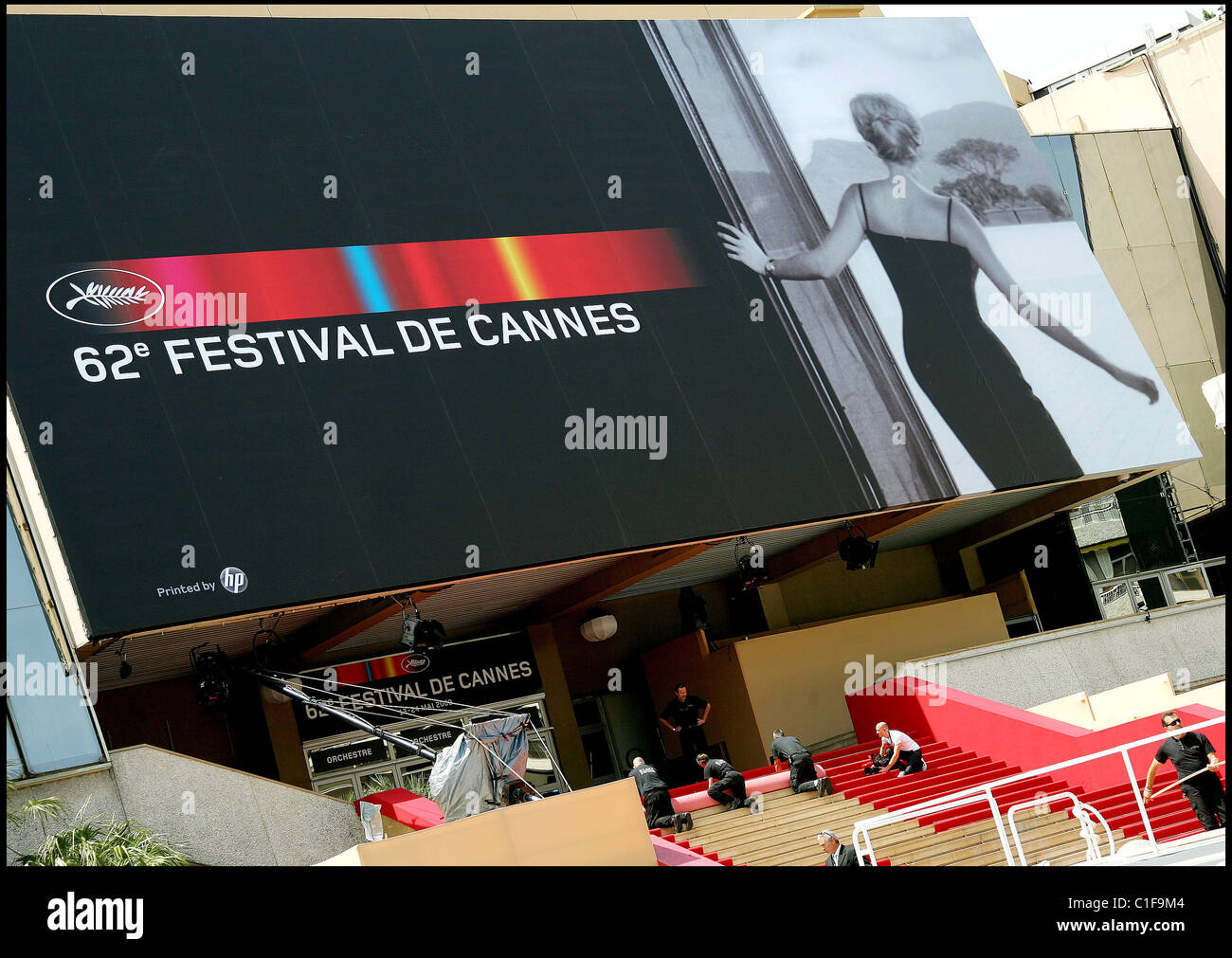 Preparations in front of the Cannes' film festival palace prior to the ...