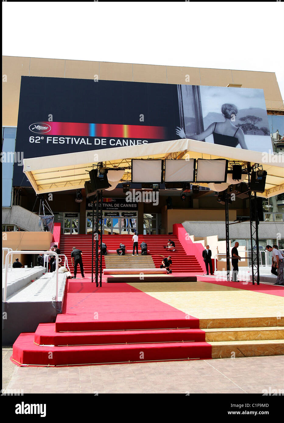 Preparations in front of the Cannes' film festival palace prior to the ...