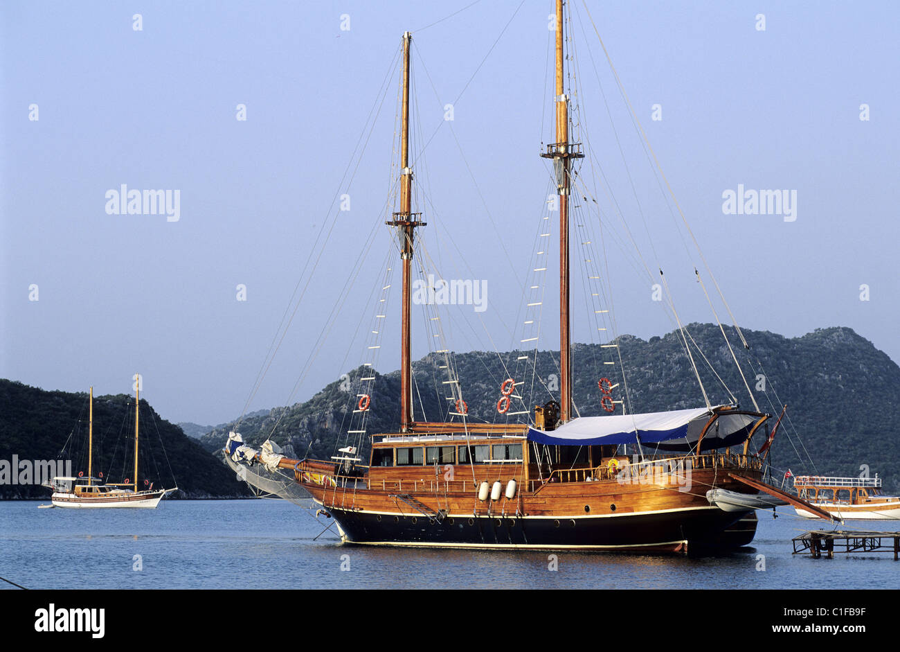 Turkey, cruise boat mooring in Uçagiz harbour (Antalya area Stock Photo ...
