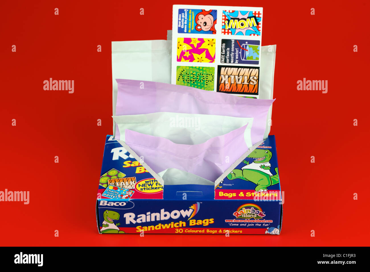 Box of Baco 30 Rainbow coloured sandwich bags with fun stickers Stock ...