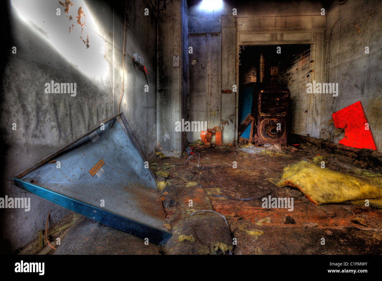 Derelict drug den, homeless slum, derelict surroundings, vandalised ...