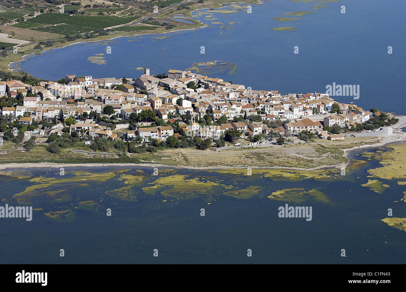 France, Aude, village of Bages on the pond of Bages and Sigean (aerial ...