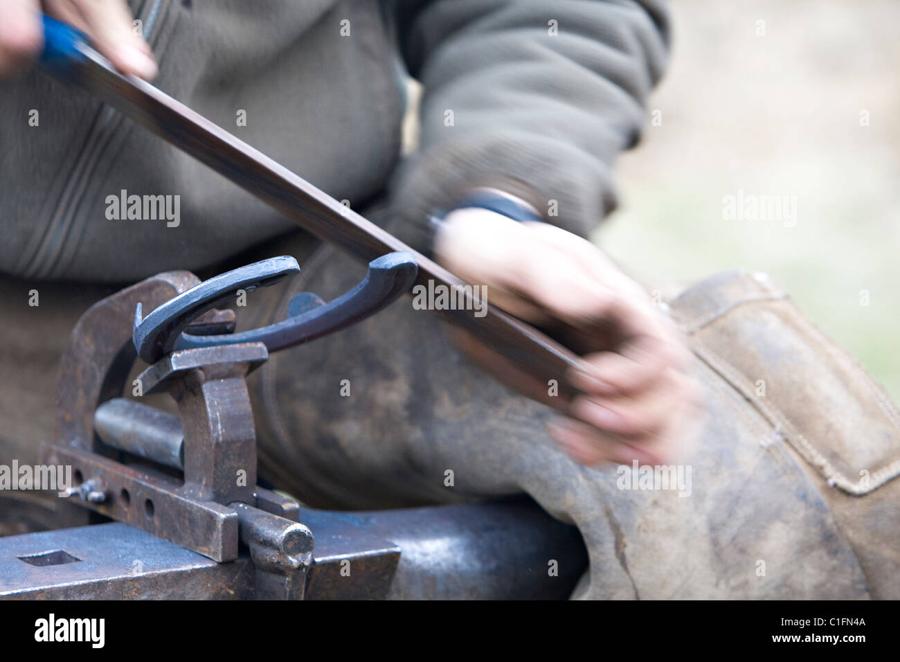 Farrier filing new horseshoe prior to fitting Stock Photo - Alamy